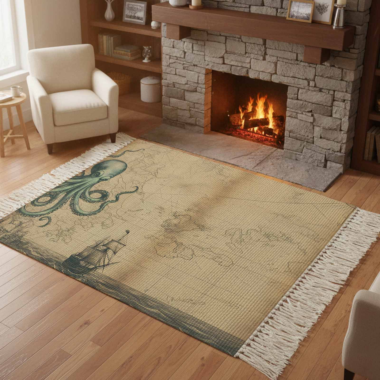 Area Rug with Tassels 3' x 5', Vintage World Map Ocean Octopus Kitchen ...