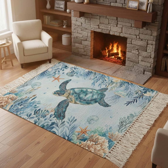 Area Rug with Tassels 4' x 6', Sea Turtle Coral Seaweed Kitchen Runner ...