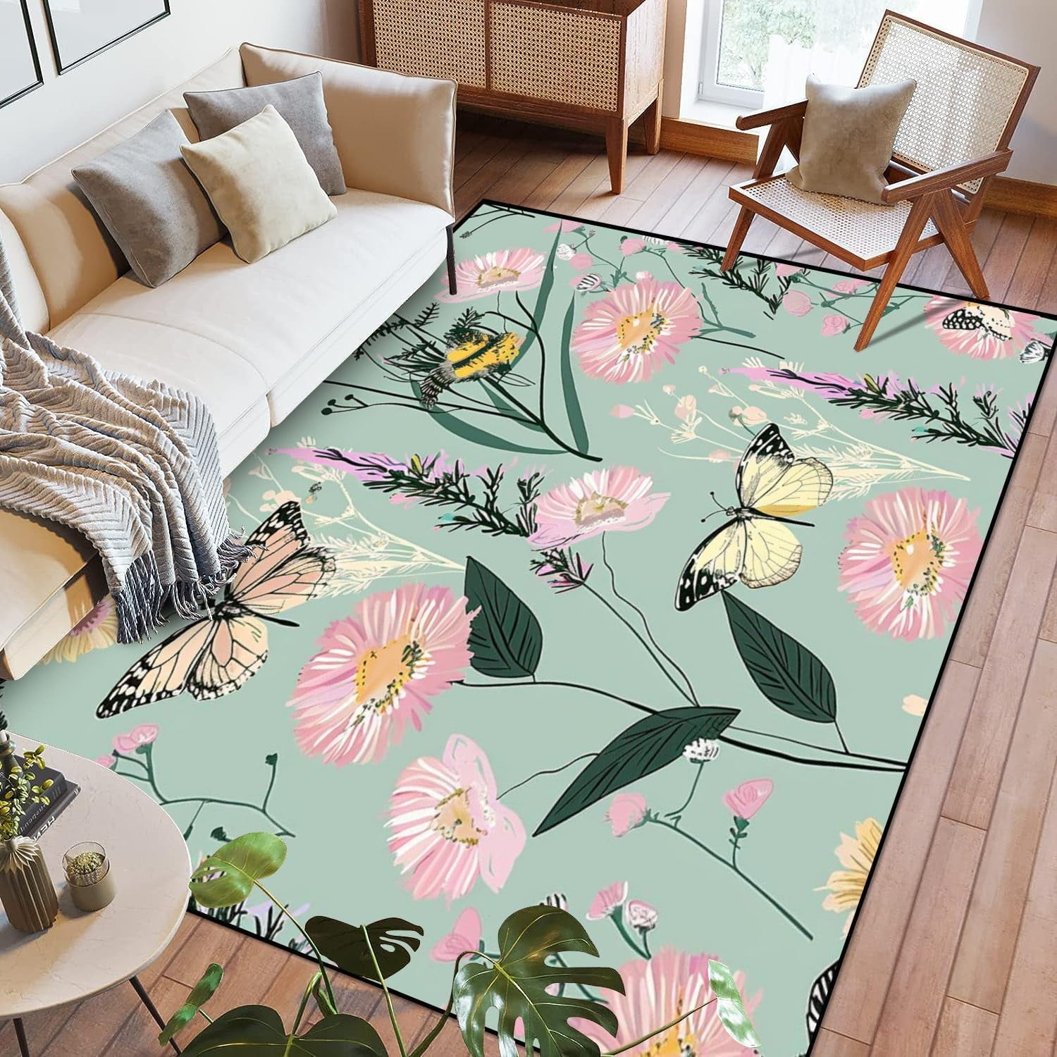 Area Rug Trendy Pastel Kind Garden Flower Plants Botanical Butterfly ...