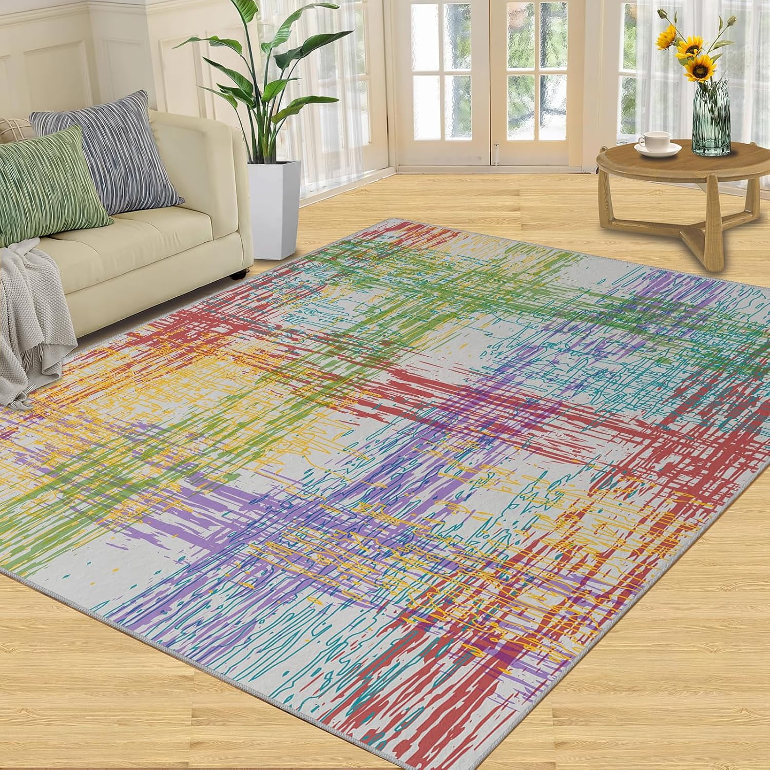 Area Rug Vibrant Rainbow Design Large Room Center Rug, Modern Abstract ...