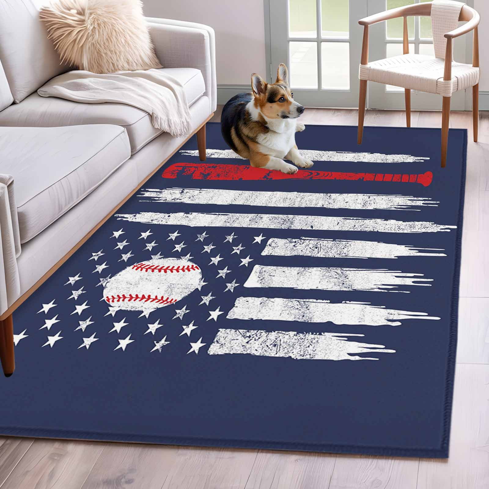 Area Rug Vintage Navy Blue Baseball Rectangle Area Rugs Washable Rug ...