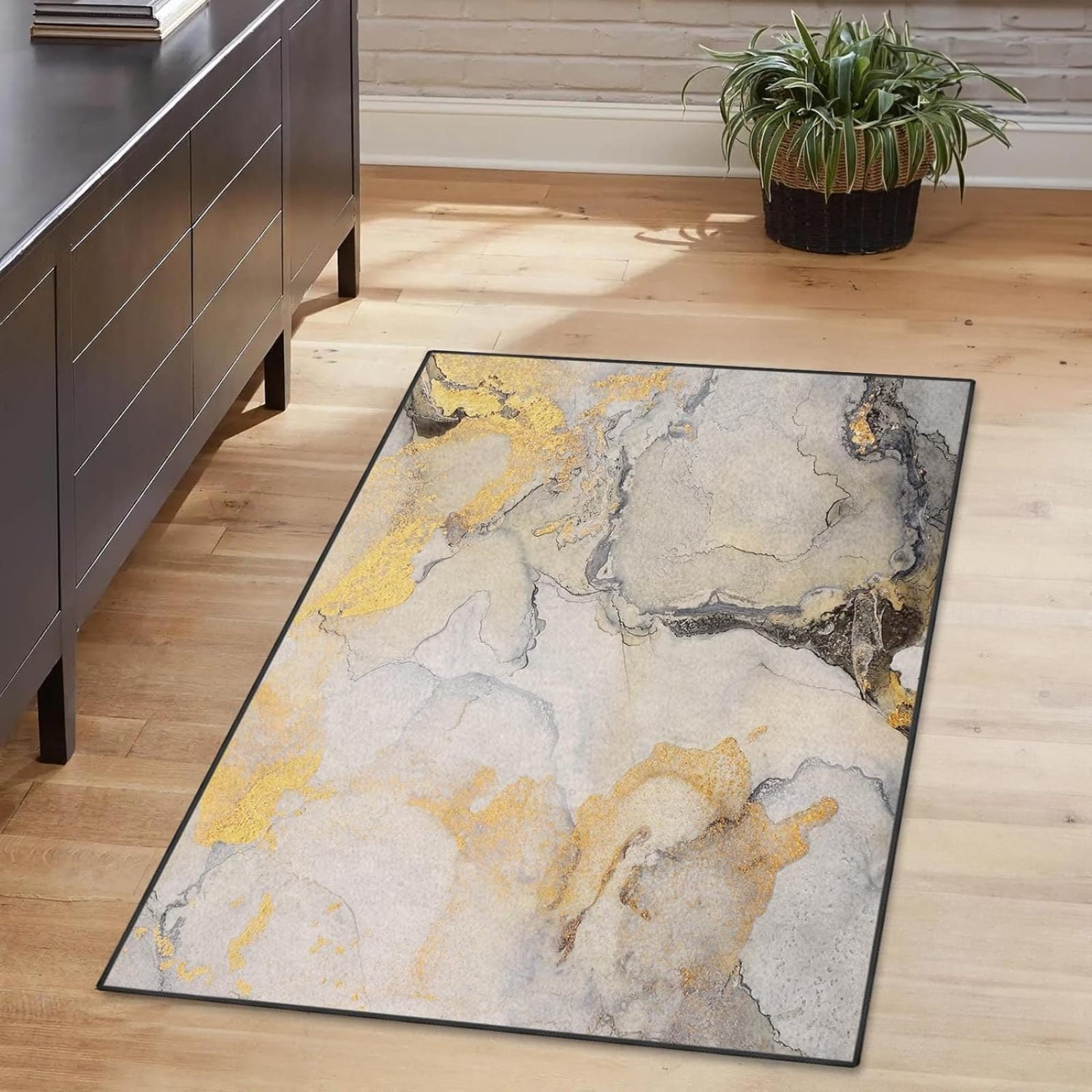 Area Rug, Washable And Non-Slip Painting Gray Black Gold Marble Stone ...