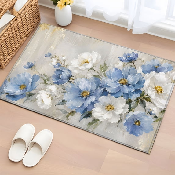 Area Rug Watercolor Blue White Flowers Rectangle Area Rugs Washable Rug ...