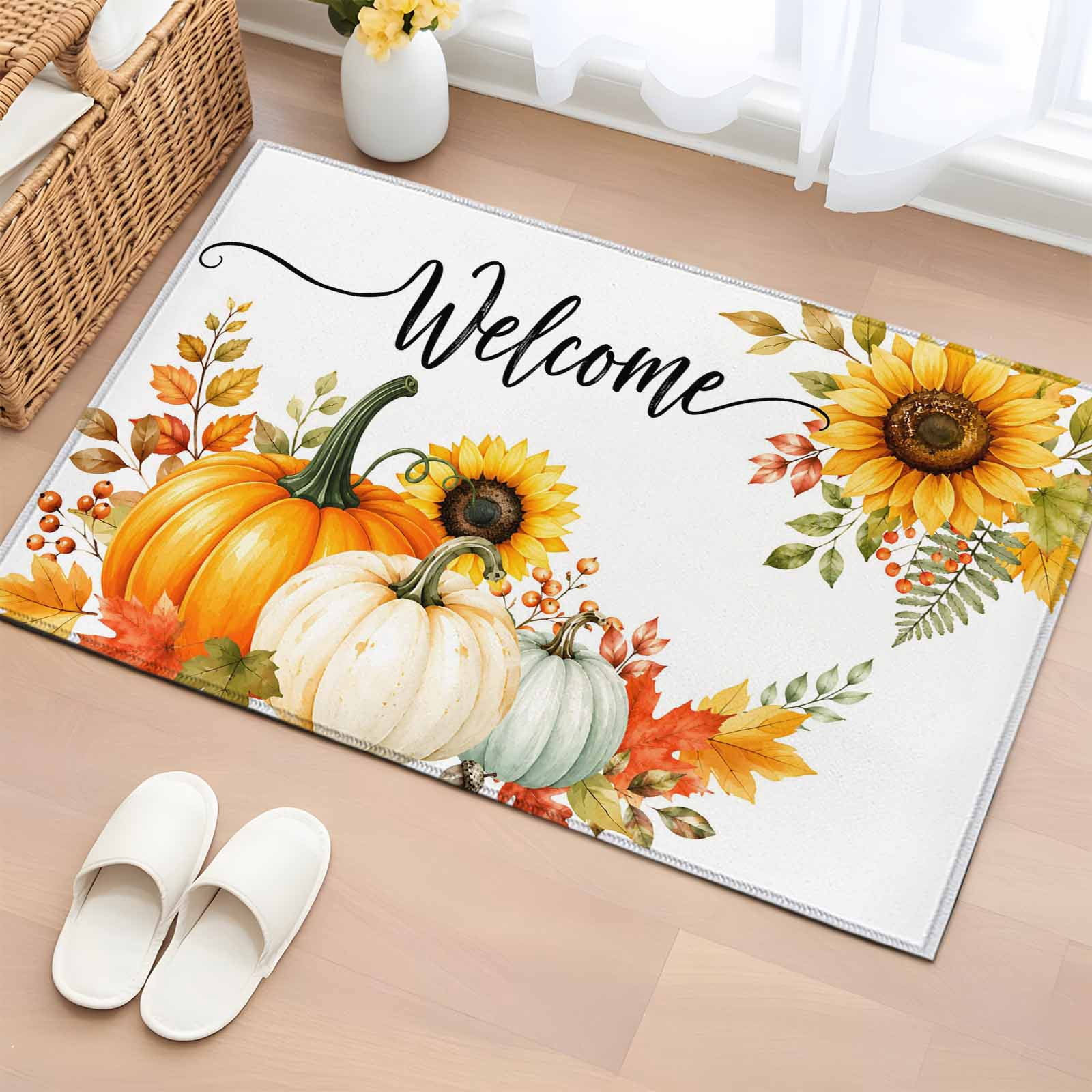 Area Rug Welcome Sign Autumn Sunflower Soft Rectangle Area Rugs ...