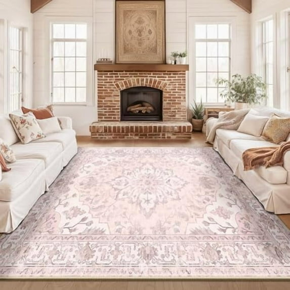 Area Rugs 10'x12' Washable Non-Slip, Floral Vintage Distress Print ...