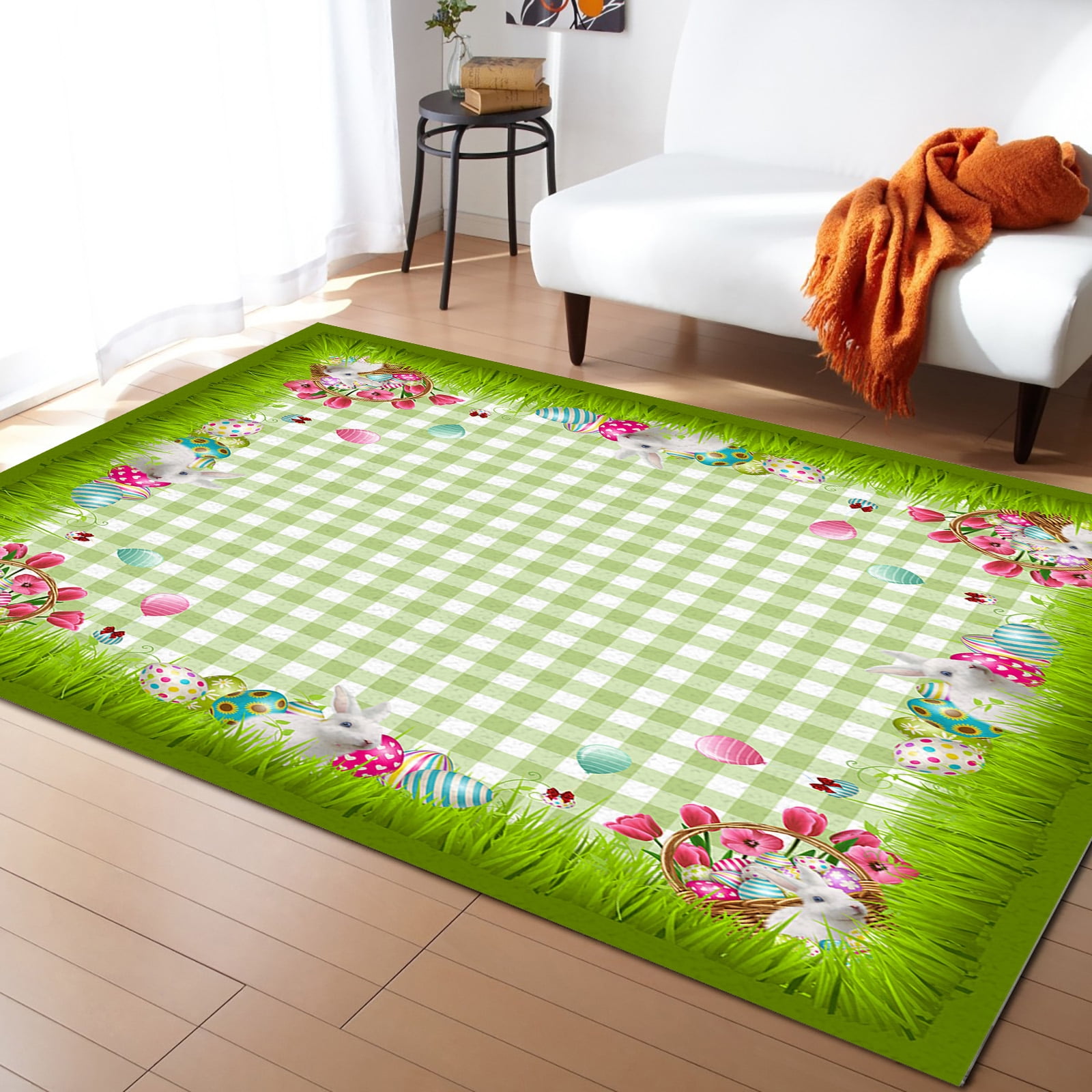 Area Rugs 2.7x5 Ft Easter Rabbit Eggs Spring Flowers Grass Green Plaid ...