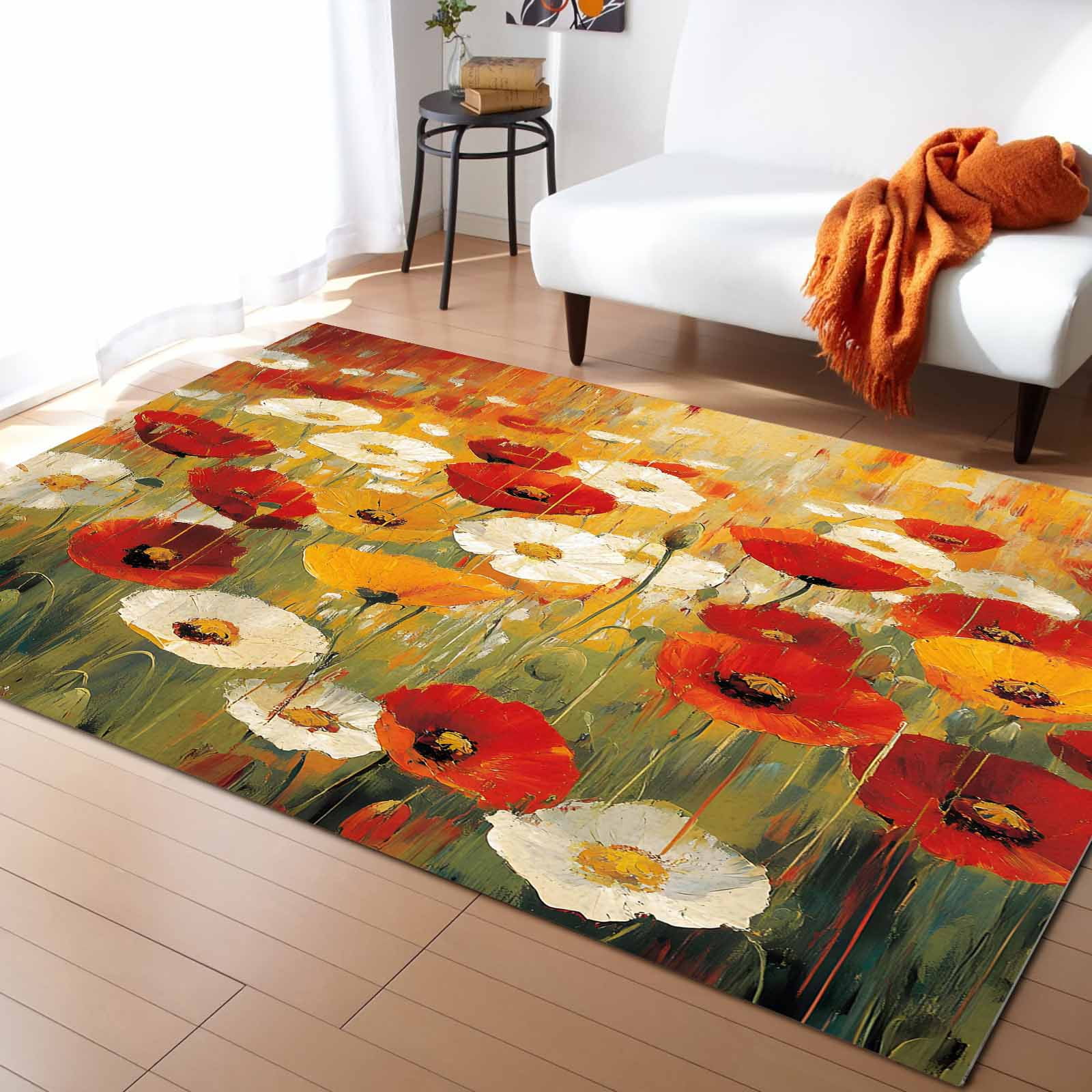 Area Rugs 2.7x5 Ft Retro Floral Red White Yellow Poppy Flowers Oil ...
