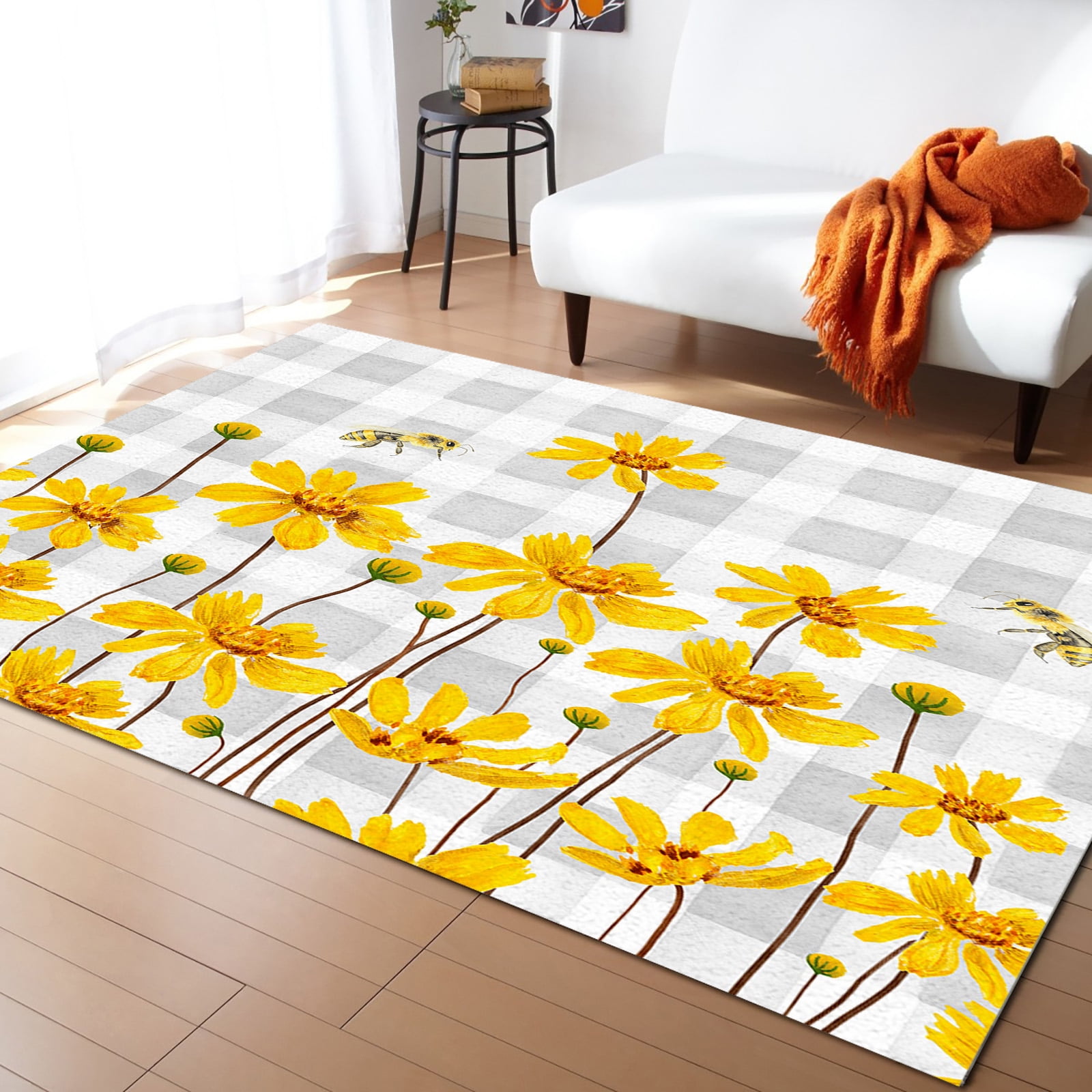 Area Rugs 2.7x5 Ft Summer Watercolor Grey Plaid Yellow Flowers Non-Slip ...