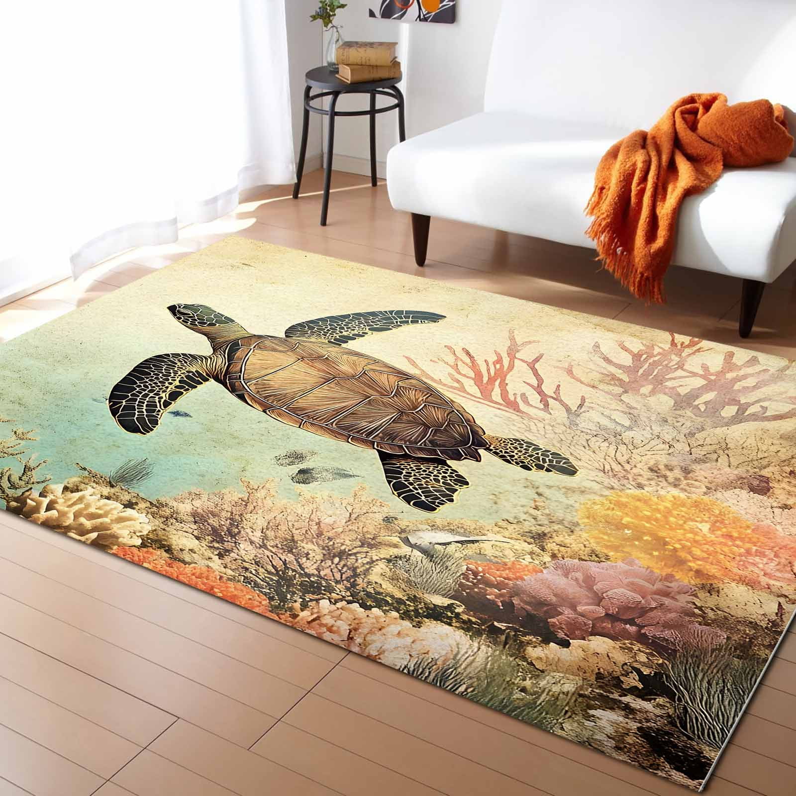Area Rugs 2.7x5 Ft Turtle Ocean Coral Retro Non-Slip Washable Rug ...