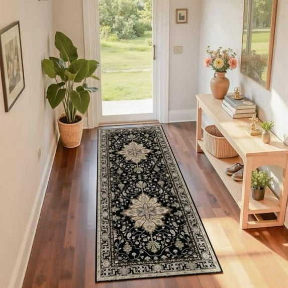 Area Rugs 2'x6' Washable Non-Slip, Floral Vintage Distress Print ...