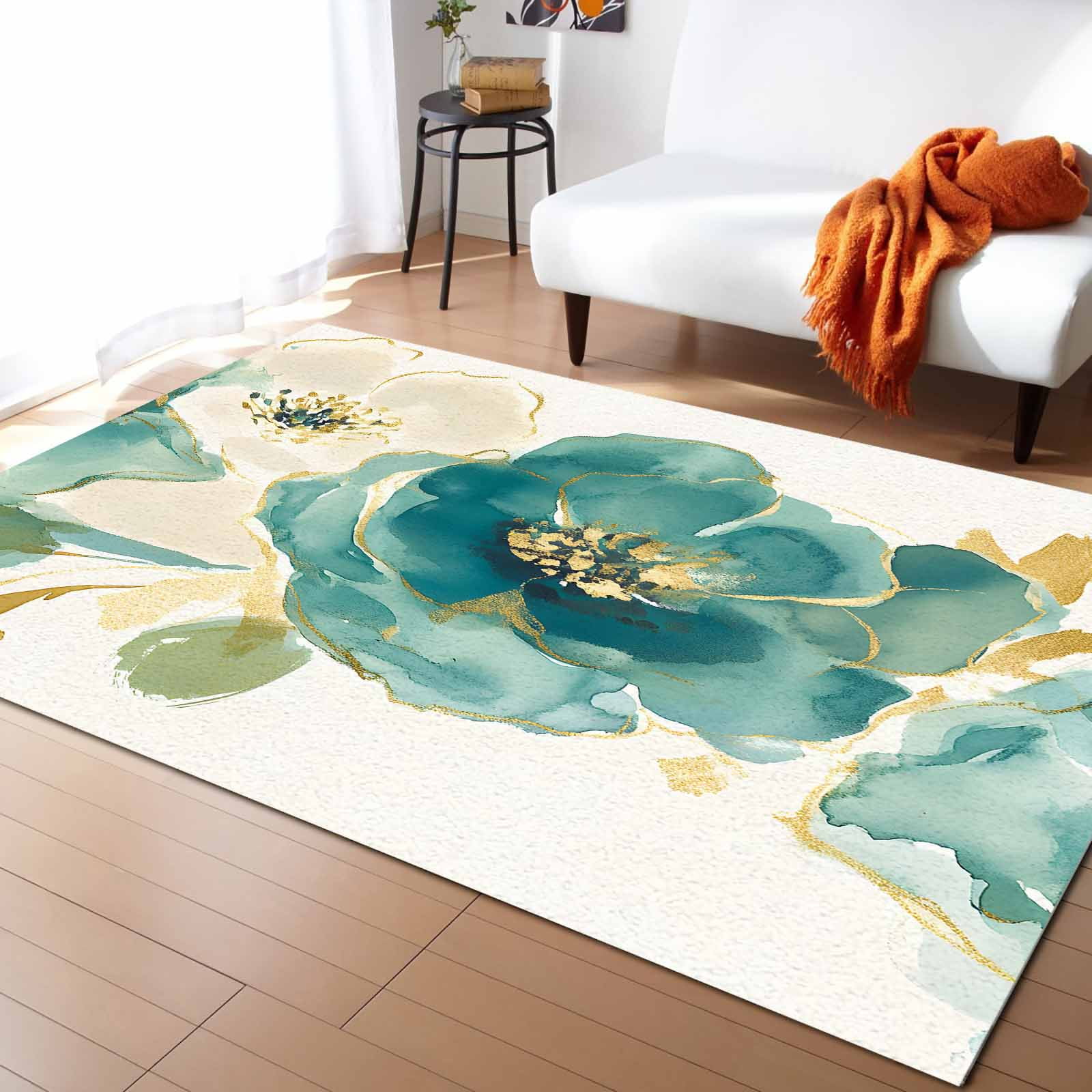 Area Rugs 2x3 Ft Abstract Floral White Green Peony Gold Line Retro ...