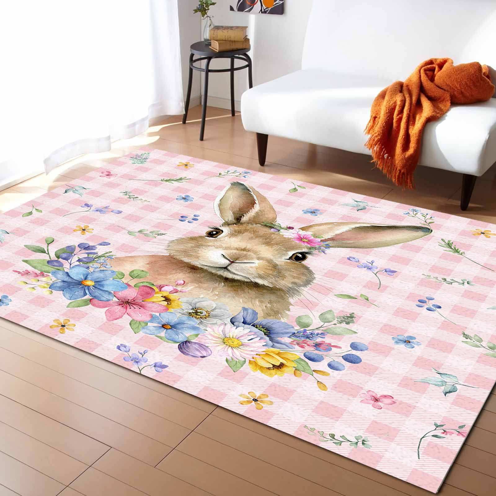 Area Rugs 2x3 Ft Easter Bunny Rabbit Spring Flowers Plants Sage Pink ...