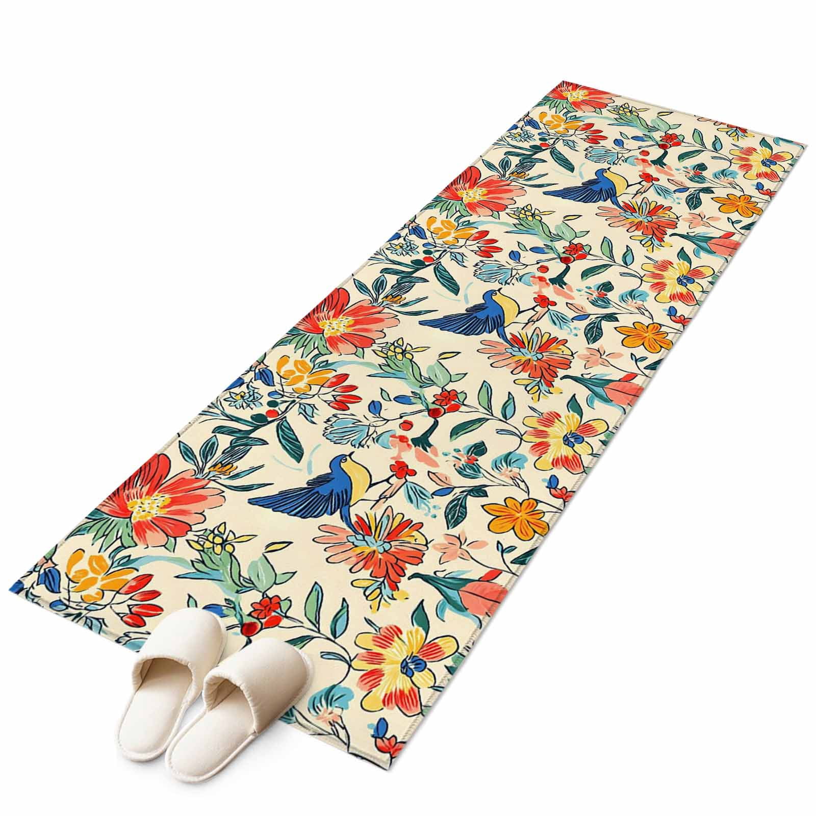 Area Rugs 2x6, Watercolor Flower Blue Bird on Retro Non Slip Washable ...