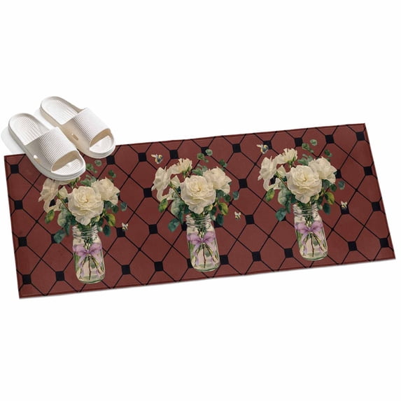 Area Rugs 2x6,White Rose Green Leaf Bee Non Slip Washable Rug Indoor ...