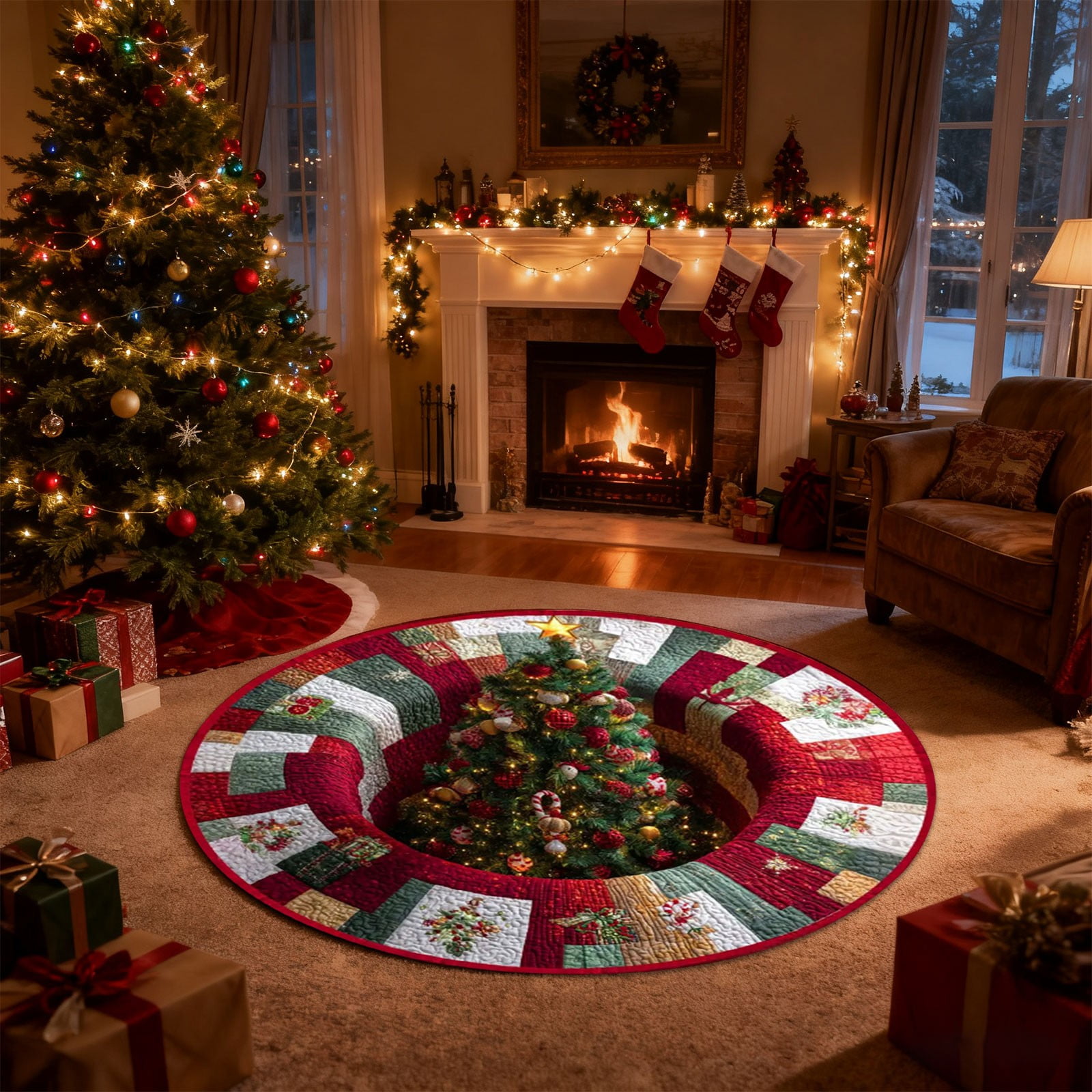 Area Rugs,3D Visual Christmas Themed Tree Skirt Rug Stereo Tree Hole ...