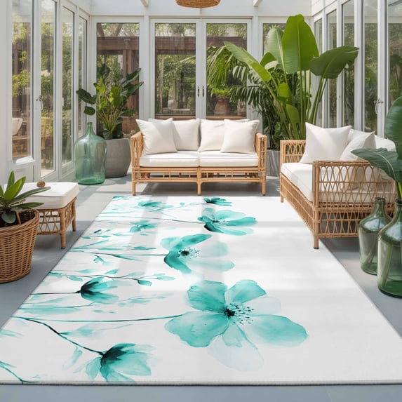 Area Rugs 3x5,Teal Gradient Flower Botanical Non Slip Washable Rug ...