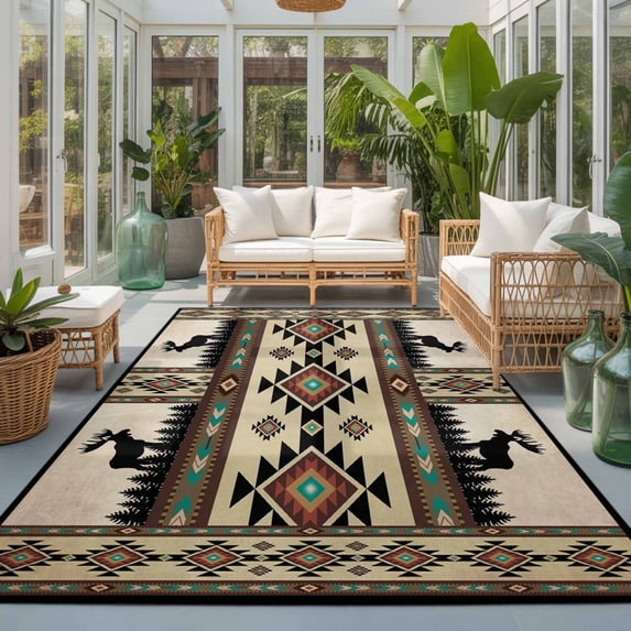 Area Rugs 4x6,Ethnic Abstract Square Triangle on Brown Non Slip ...