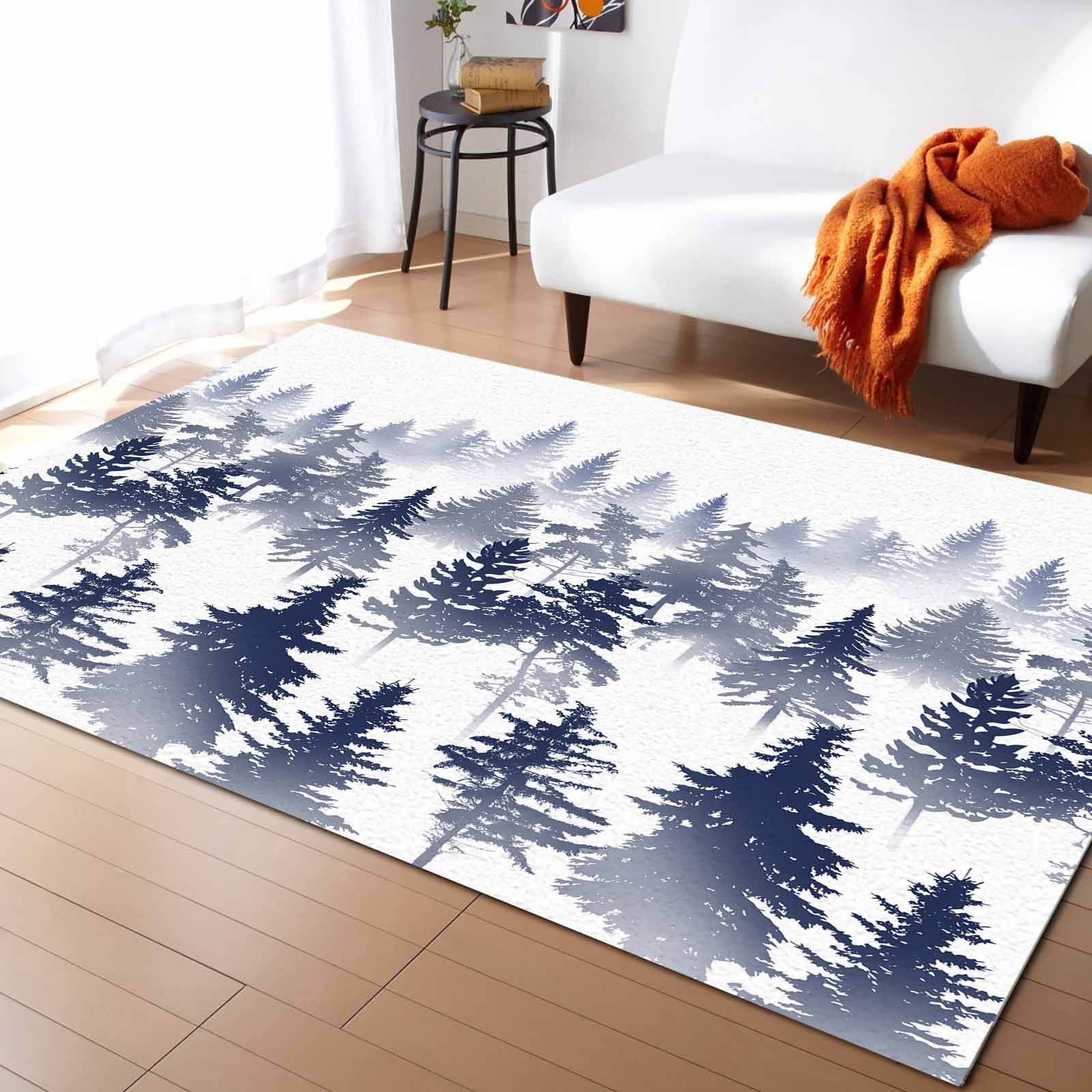 Area Rugs 4x6 Ft Abstract Art Silhouette Dark Blue Forest Non-Slip ...