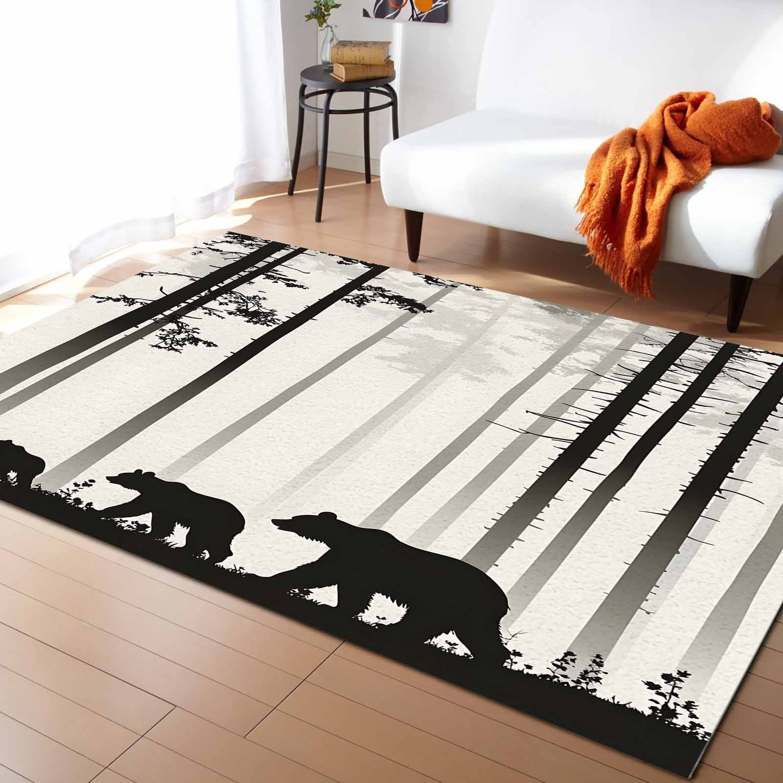 Area Rugs 4x6 Ft Abstract Bear Family Forest Trees Silhouette Natural ...