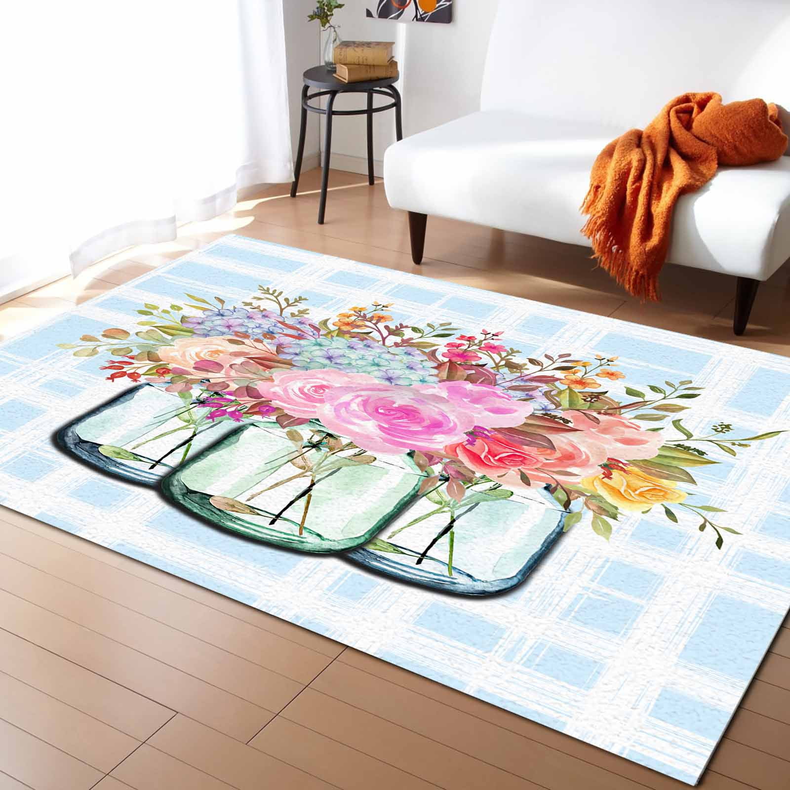 Area Rugs 4x6 Ft Blue Plaid Flower Printing Non-Slip Washable Rug ...