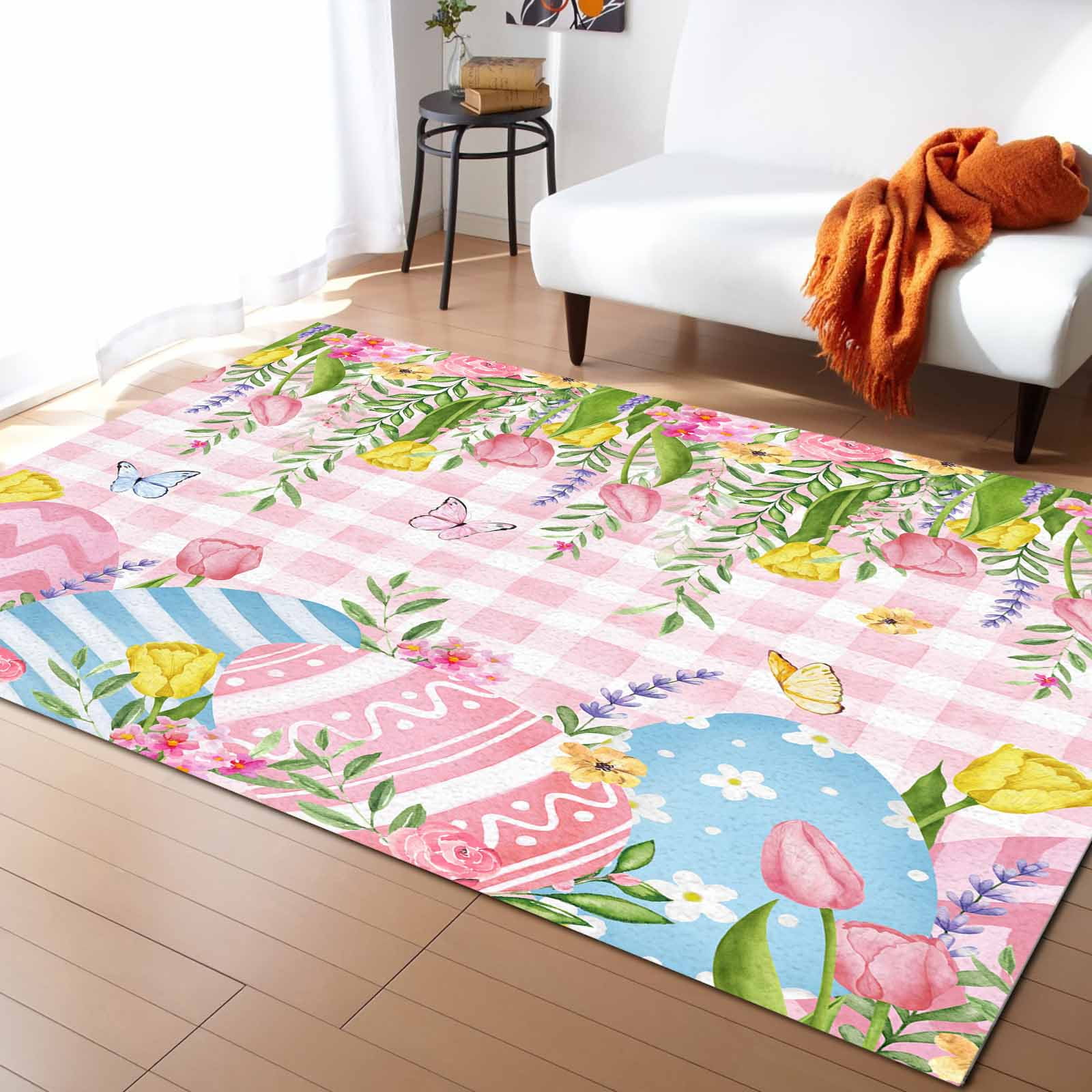Area Rugs 4x6 Ft Easter Eggs Tulip Butterfly Colorful Floral Pink Plaid ...