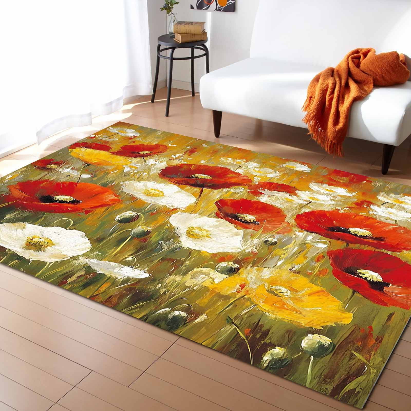 Area Rugs 4x6 Ft Retro Floral Red White Yellow Poppy Lawn Oil Painting ...