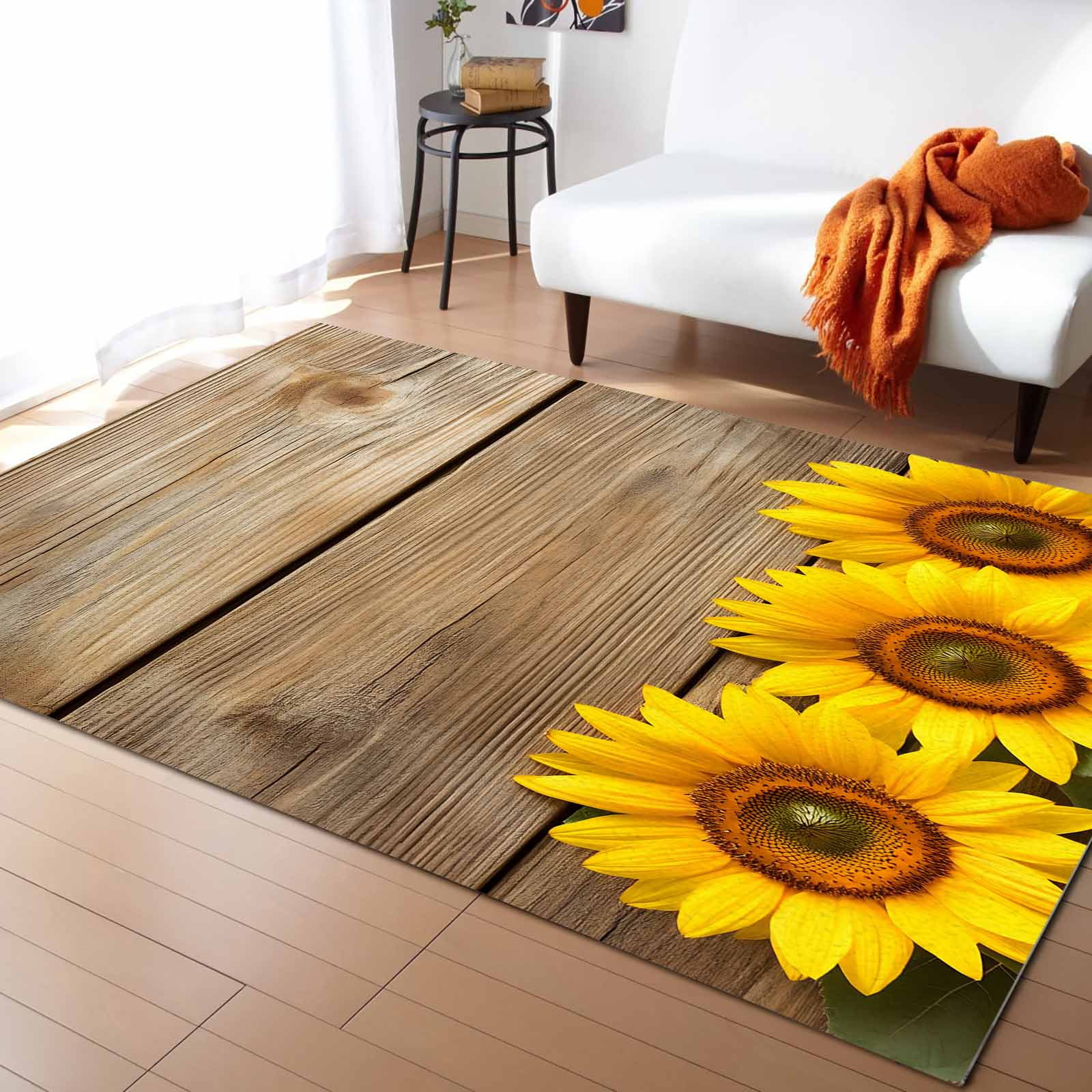 Area Rugs 4x6 Ft Rustic Sunflowers Wood Grain Texture Pastoral Natural ...