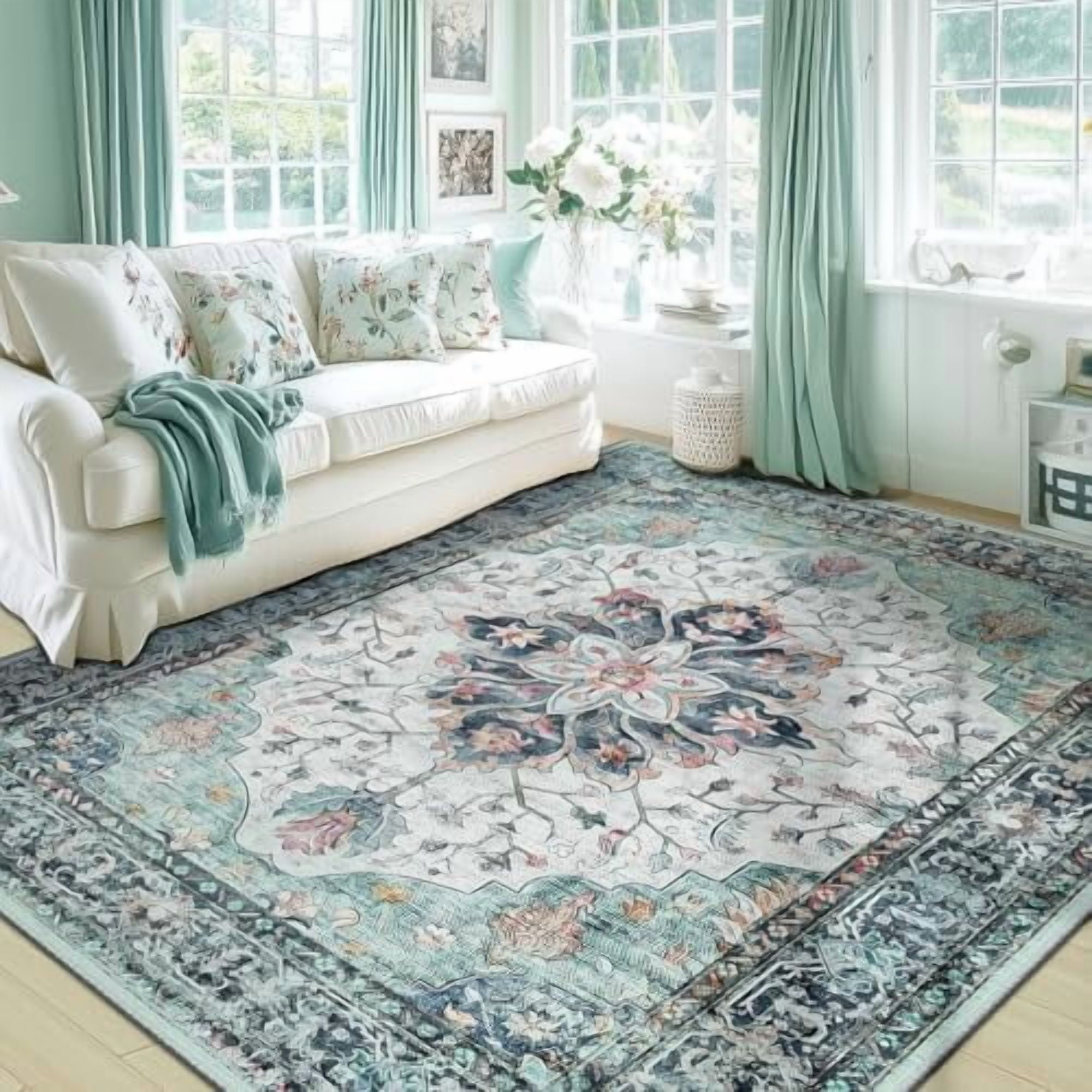 Area Rugs 5'x7' Washable Non-Slip, Floral Vintage Distress Print ...