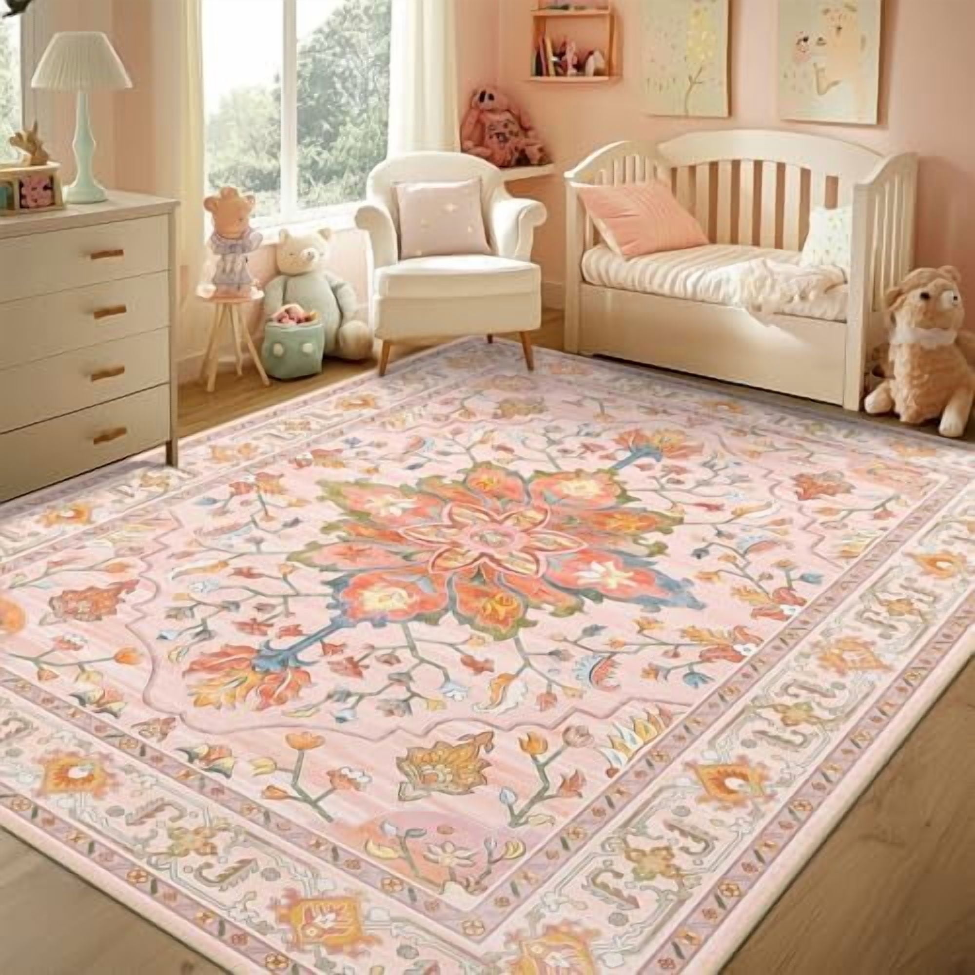 Area Rugs 5'x7' Washable Non-Slip, Floral Vintage Distress Print ...