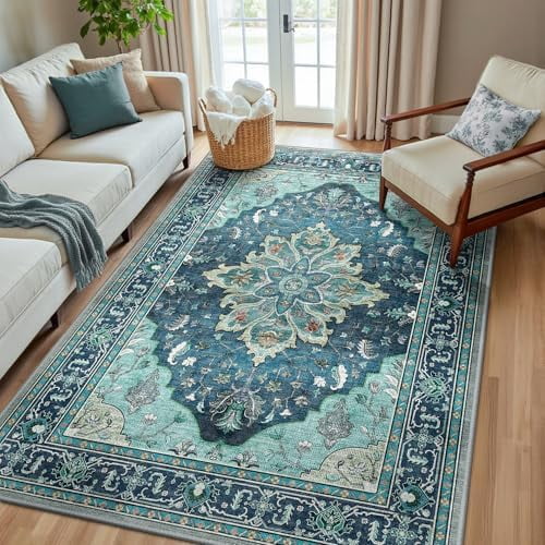 Area Rugs 5'x8' Washable Non-Slip, Floral Vintage Distress Print ...