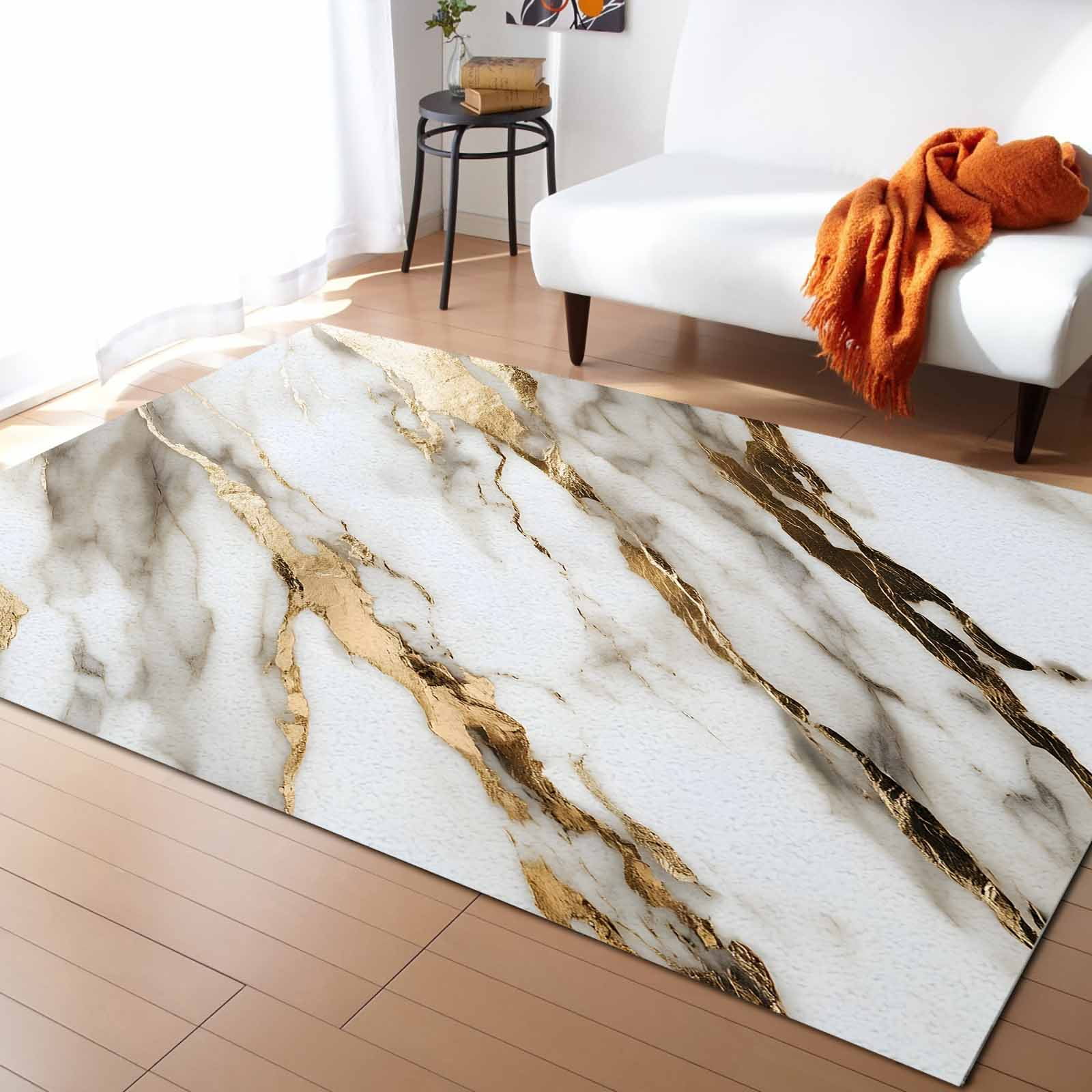 Area Rugs 5x8 Ft Abstract Art Marble Texture White Gold Crack Stone ...