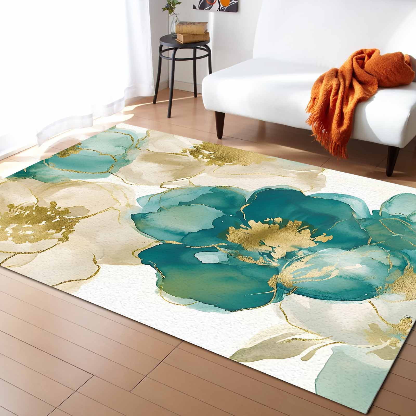 Area Rugs 5x8 Ft Abstract Floral Green Khaki Flower Gold Line Retro ...