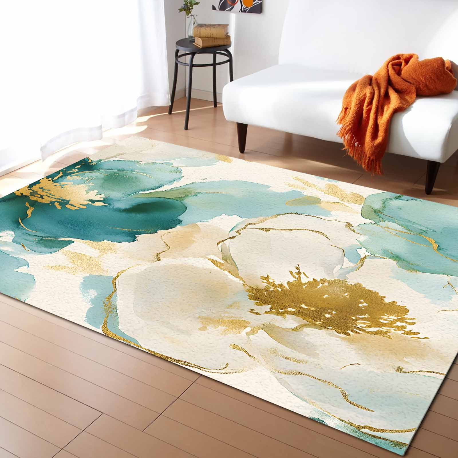 Area Rugs 5x8 Ft Abstract Floral White Green Peony Petals Gold Line ...