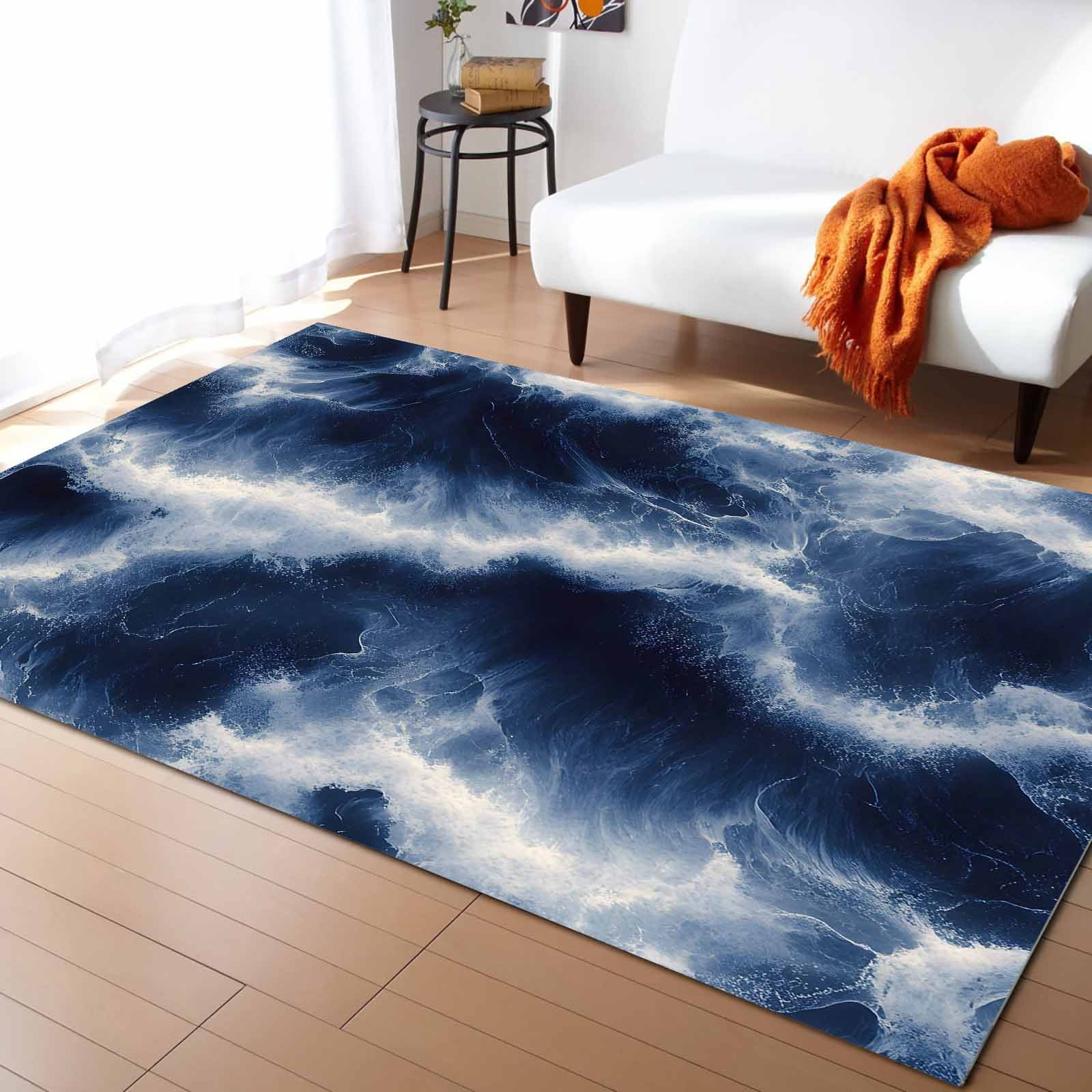Area Rugs 5x8 Ft Abstract Ocean Waves Dark Blue Sea Modern Non-Slip ...