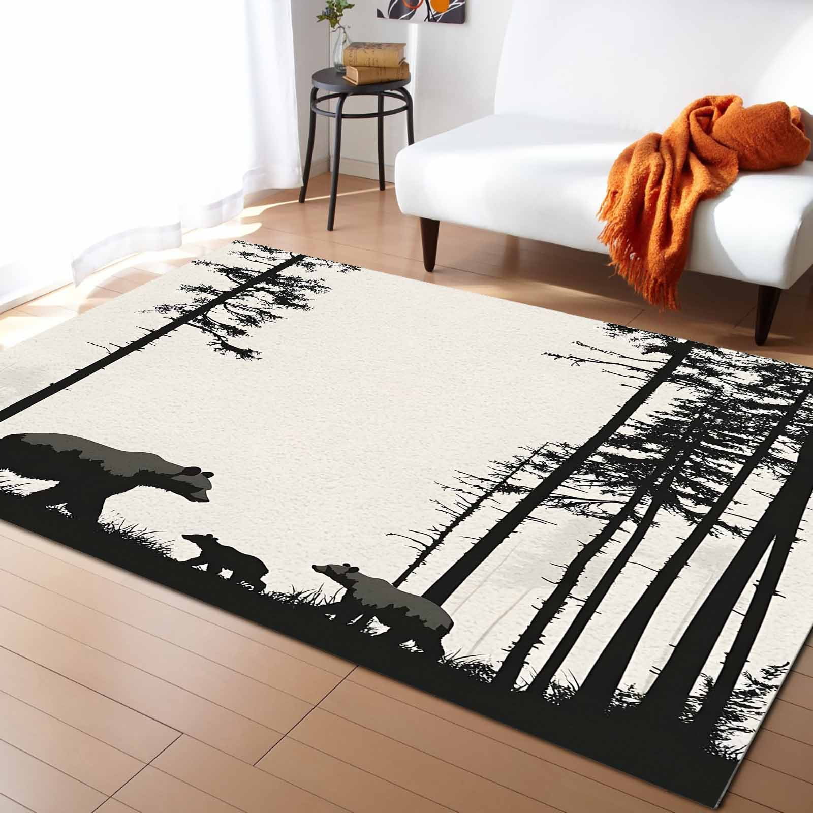 Area Rugs 5x8 Ft Abstract Walking Bear Family Pine Tree Forest ...