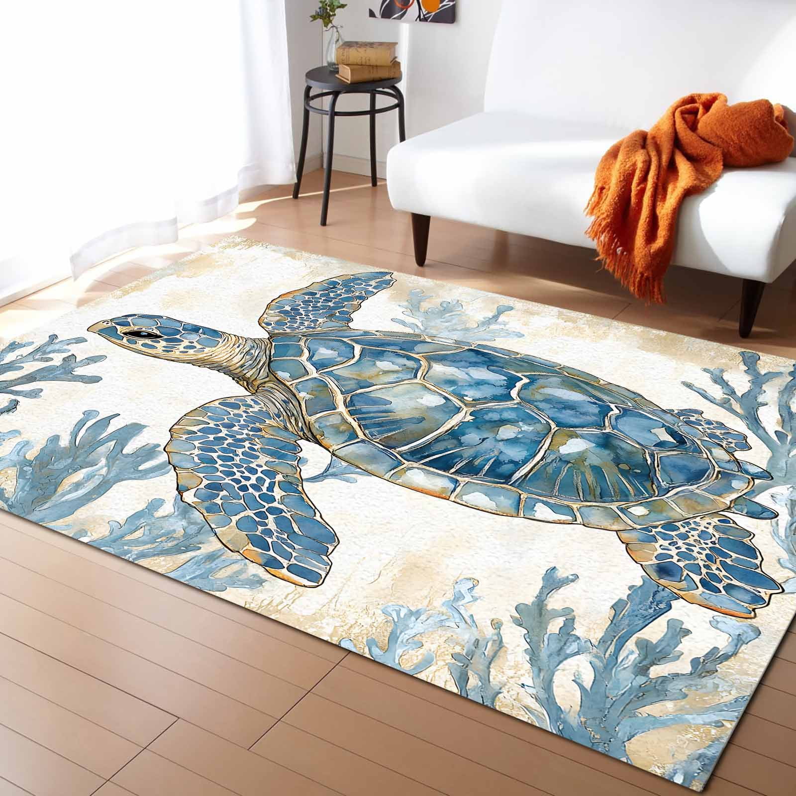 Area Rugs 5x8 Ft Blue Sea Turtle Marine Animal Coastal Retro Non-Slip ...