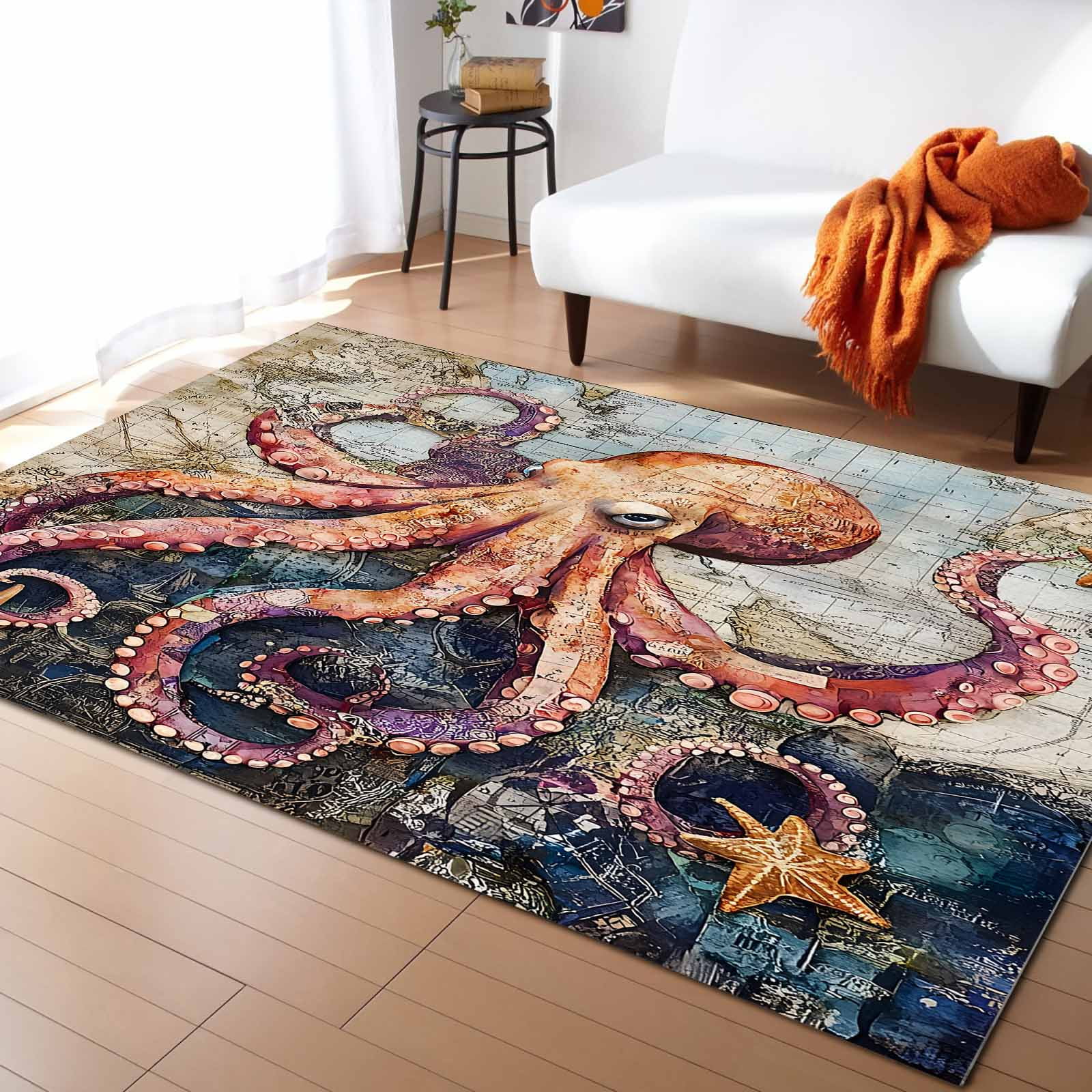 Area Rugs 5x8 Ft Octopus Map Starfish Watercolor Retro Non-Slip ...