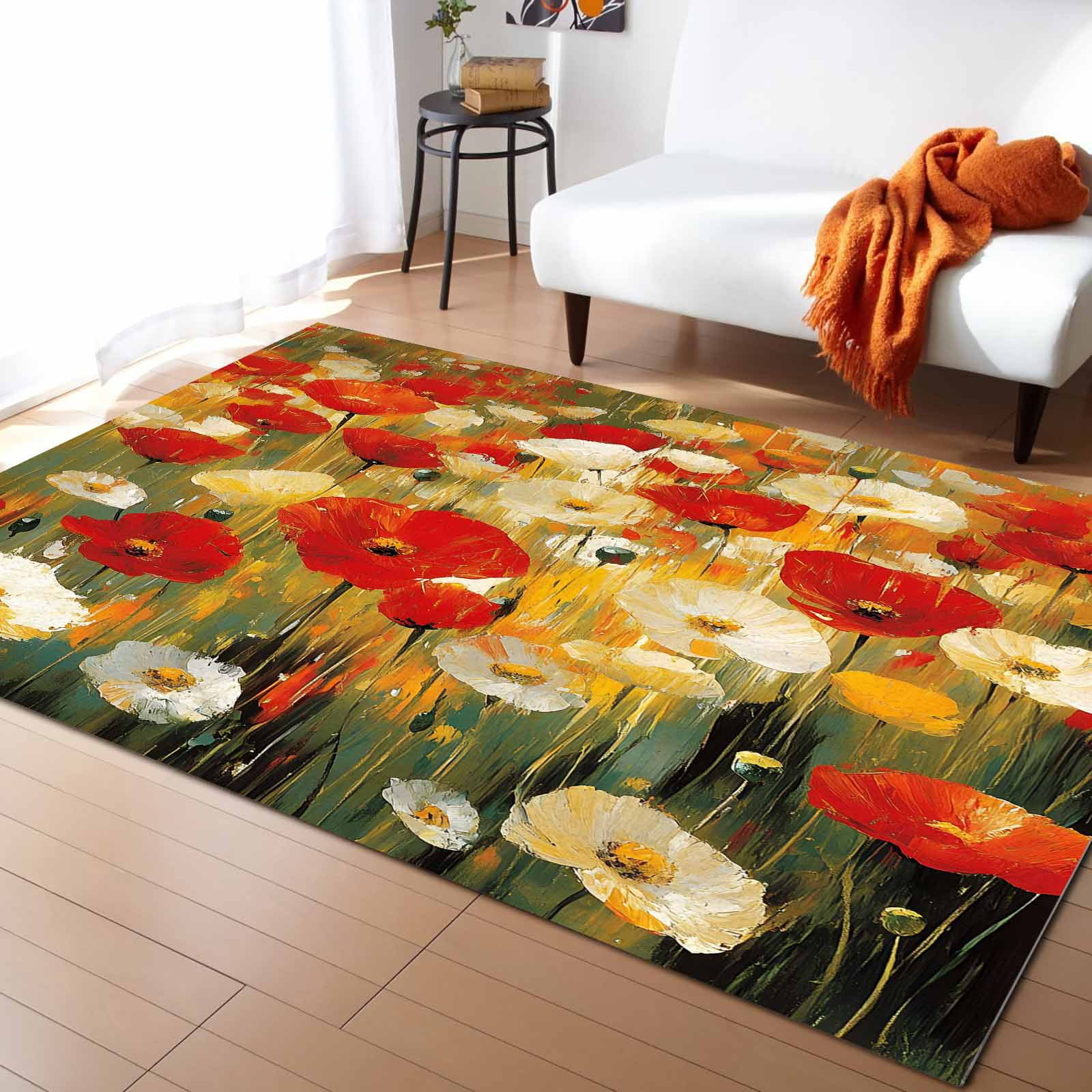 Area Rugs 5x8 Ft Retro Floral Red White Poppy Flower Field Lawn Oil ...