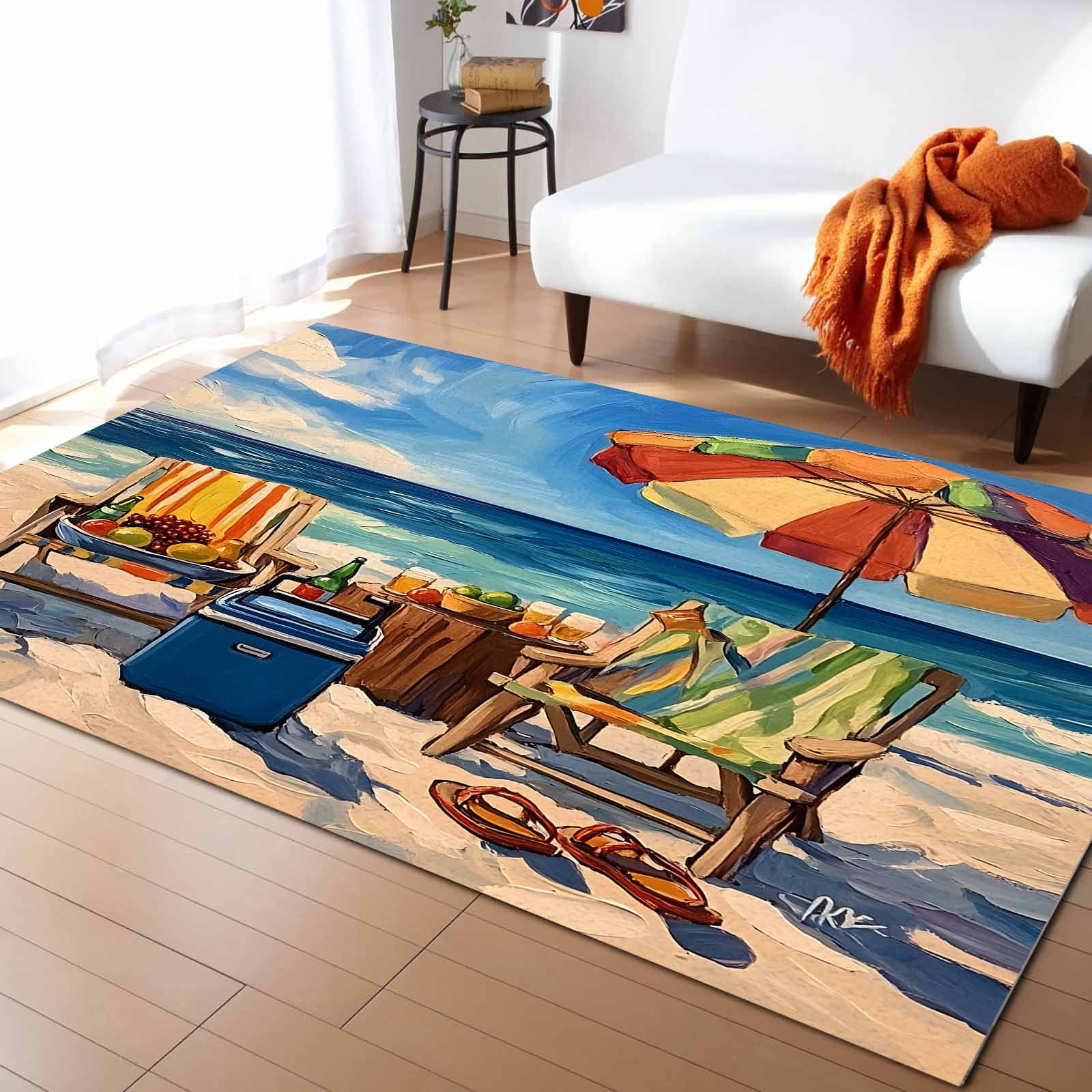 Area Rugs 5x8 Ft Summer Vacation Ocean Beach Sun Umbrella Fruit Non ...