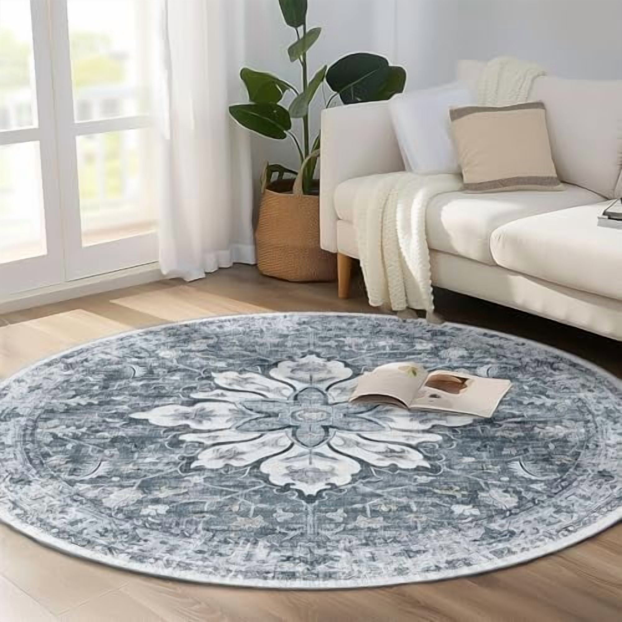 Area Rugs 6ft Washable Non-Slip, Floral Vintage Distress Print Pattern ...