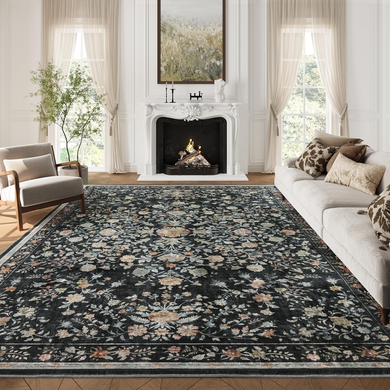 Area Rugs 8x10, Washable Floral Rug Non Slip Large Living Room Rug ...