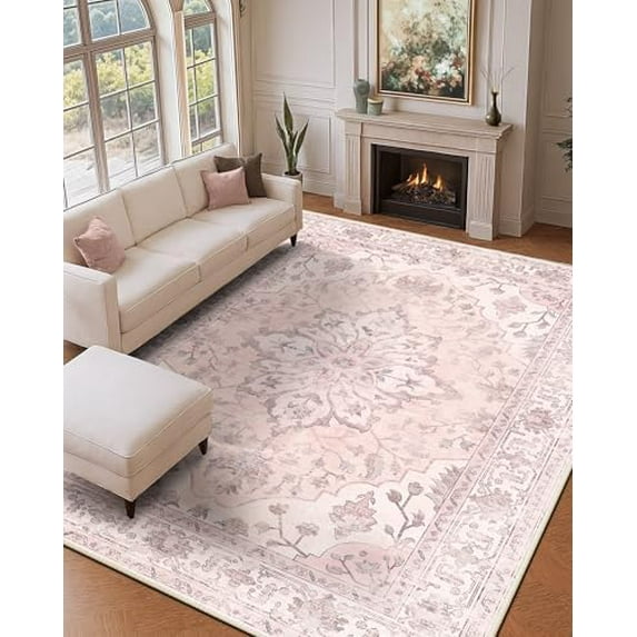 Area Rugs 9'x12' Washable Non-Slip, Floral Vintage Distress Print ...
