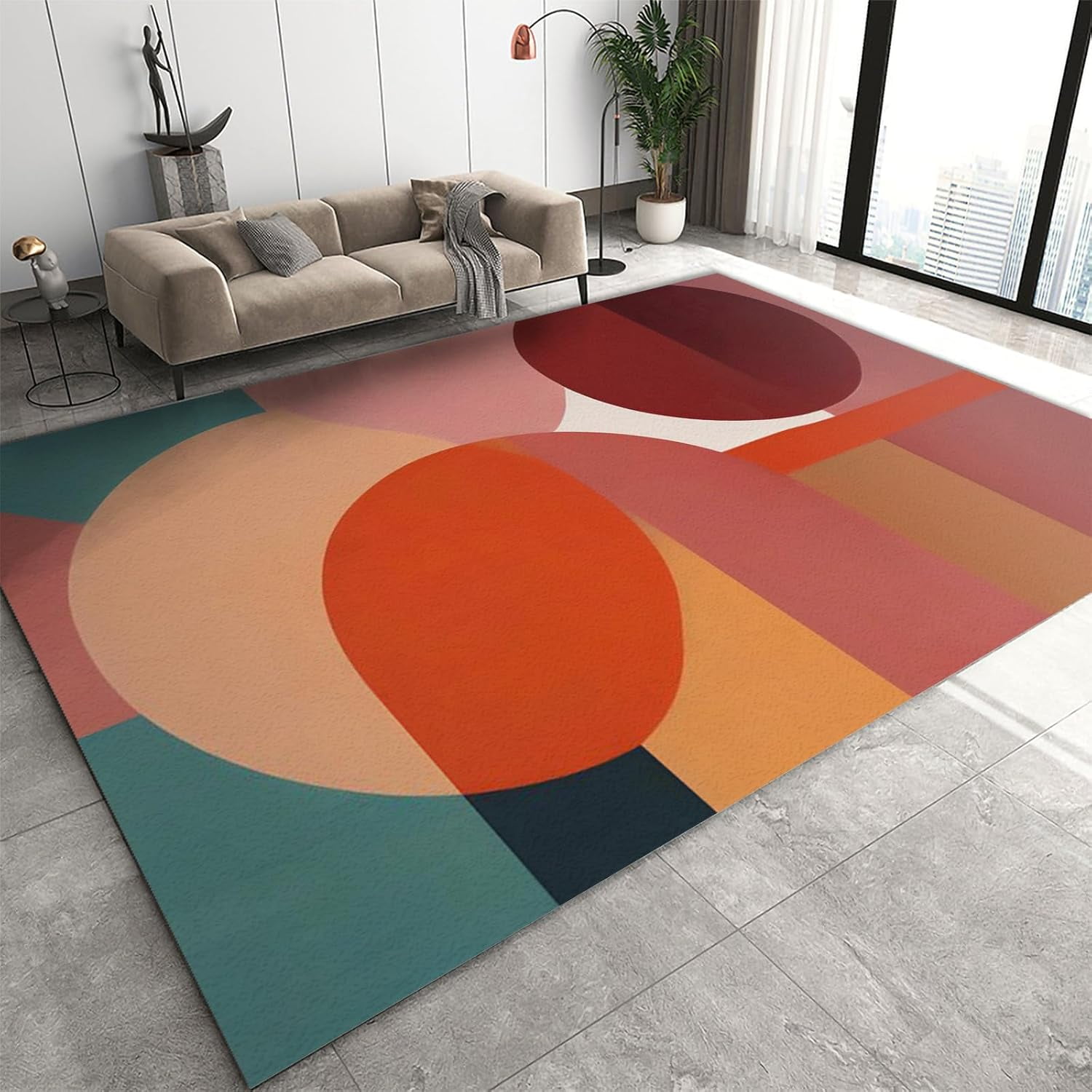 Area Rugs Abstract Geometric Art Living Room Red Orange Irregular Shape ...
