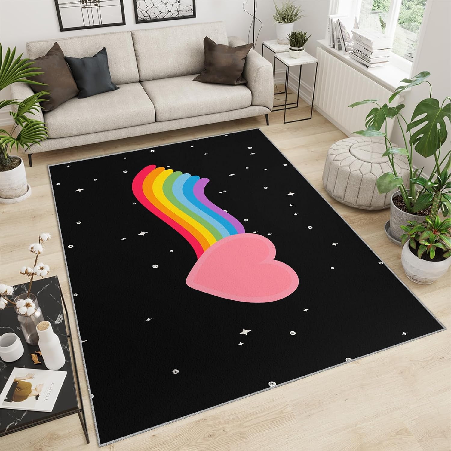 Area Rugs Cartoon Love Rainbow Lines, Black And White Starry Night ...