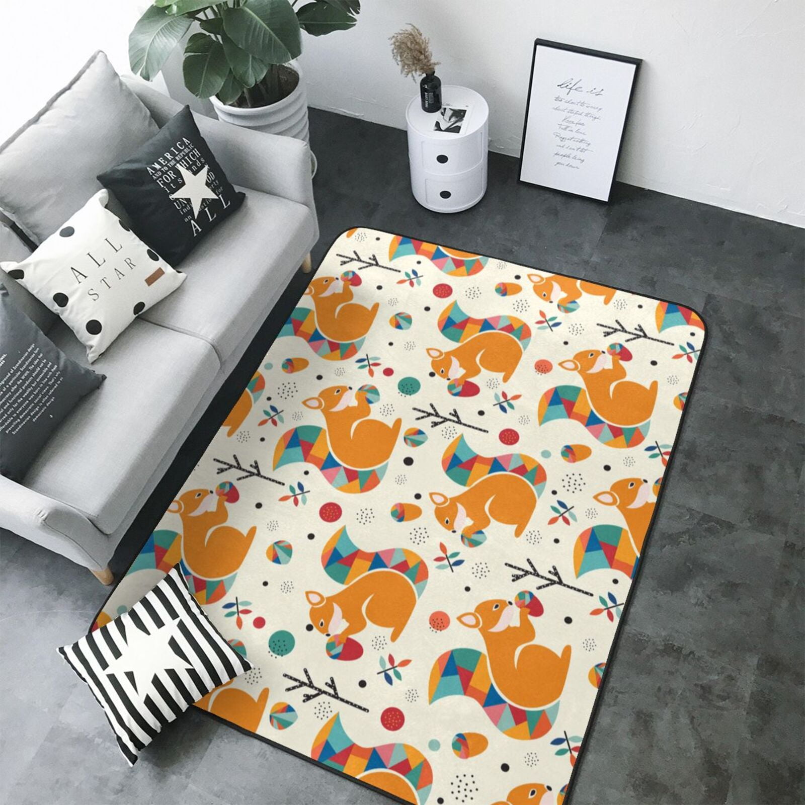 Area Rugs, Colorful Cartoon Cute Squirrel Washable Large Rugs for ...