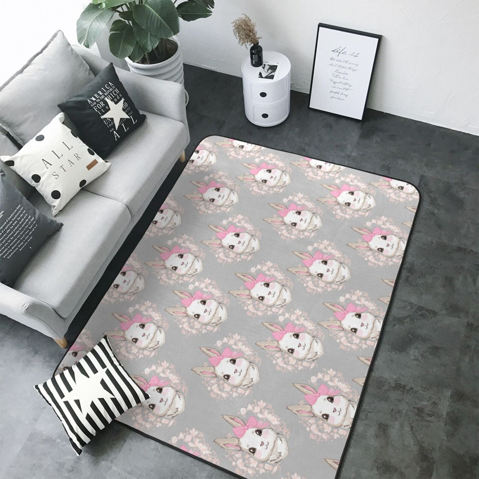Area Rugs, Cute Rabbit White Pink Flower Washable Large Rugs for Living ...
