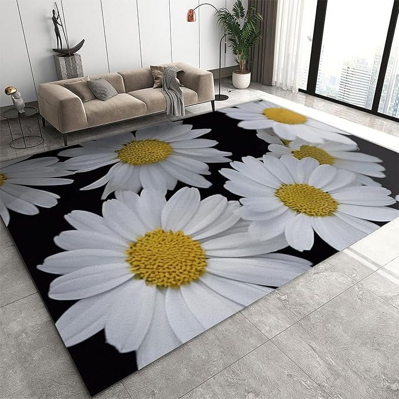 Area Rugs Cute White Daisy Nursery Rug, Modern Black Print Modern Rug ...