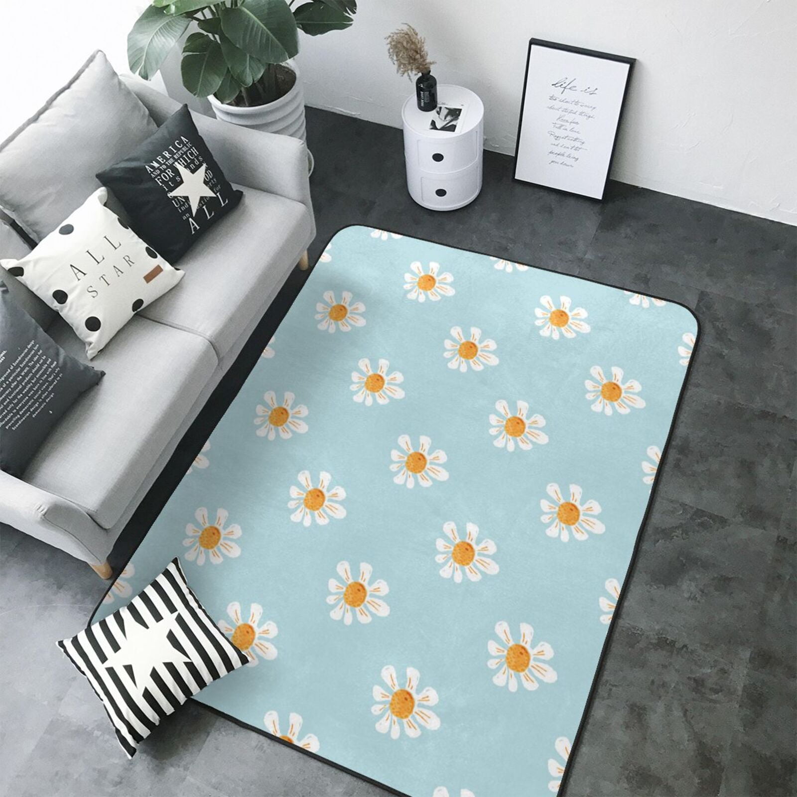 Area Rugs, Daisies Flowers Light Blue Washable Large Rugs for Living ...
