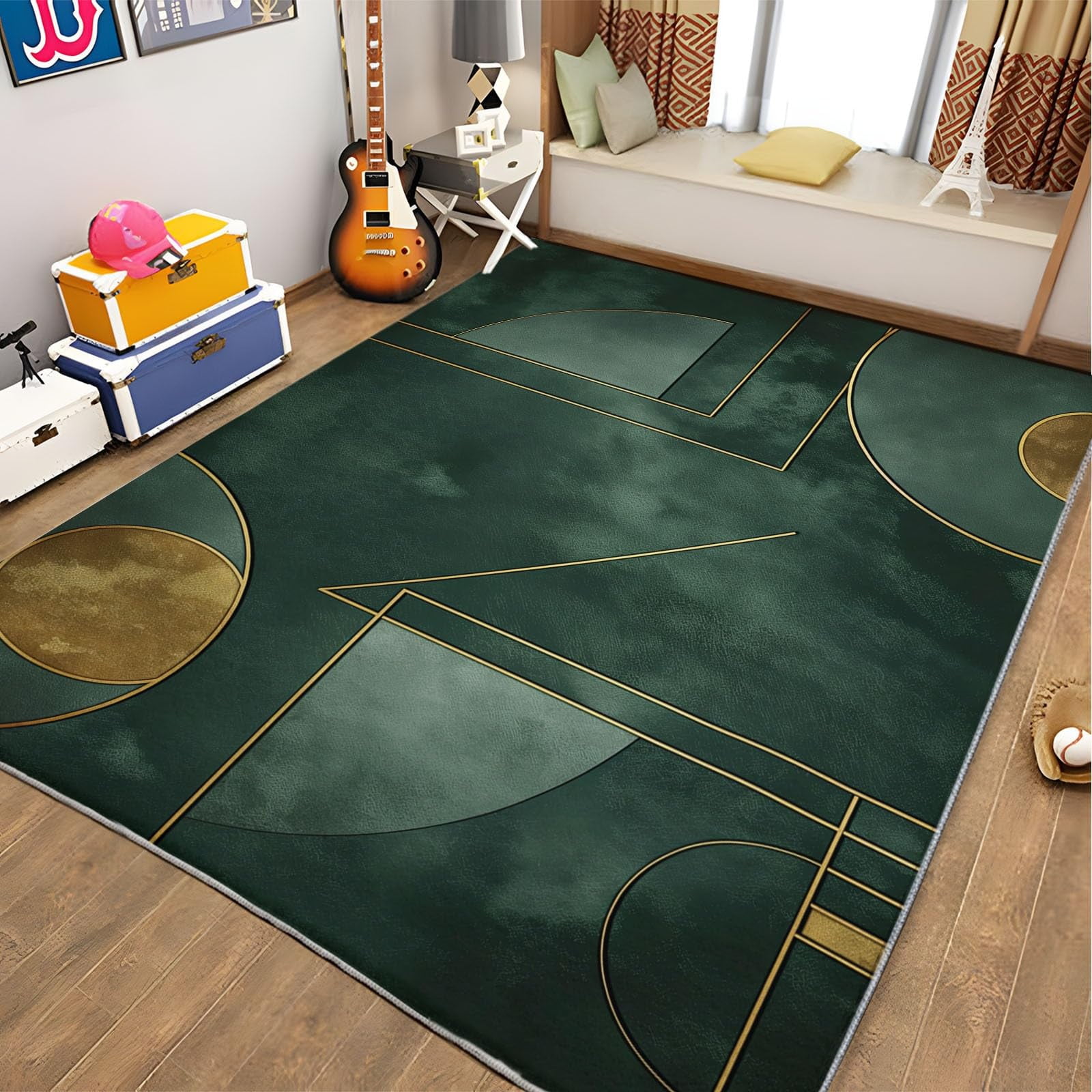 Area Rugs Dark Green Rectangle Carpet, Geometric Art Elegant Squares ...