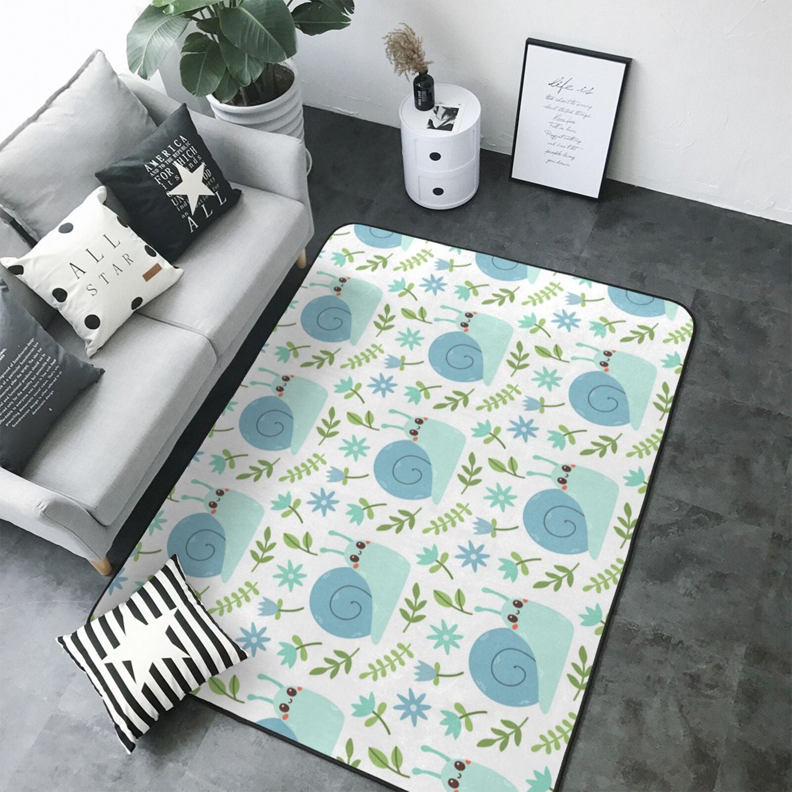 Area Rugs For Living Room Decor - Blue Green Snail Leaves Soft Anti ...
